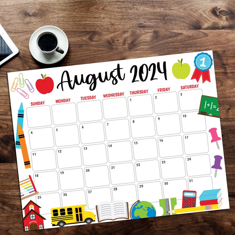 August 2024 Back to School Calendar, Printable Back to School Themed ...