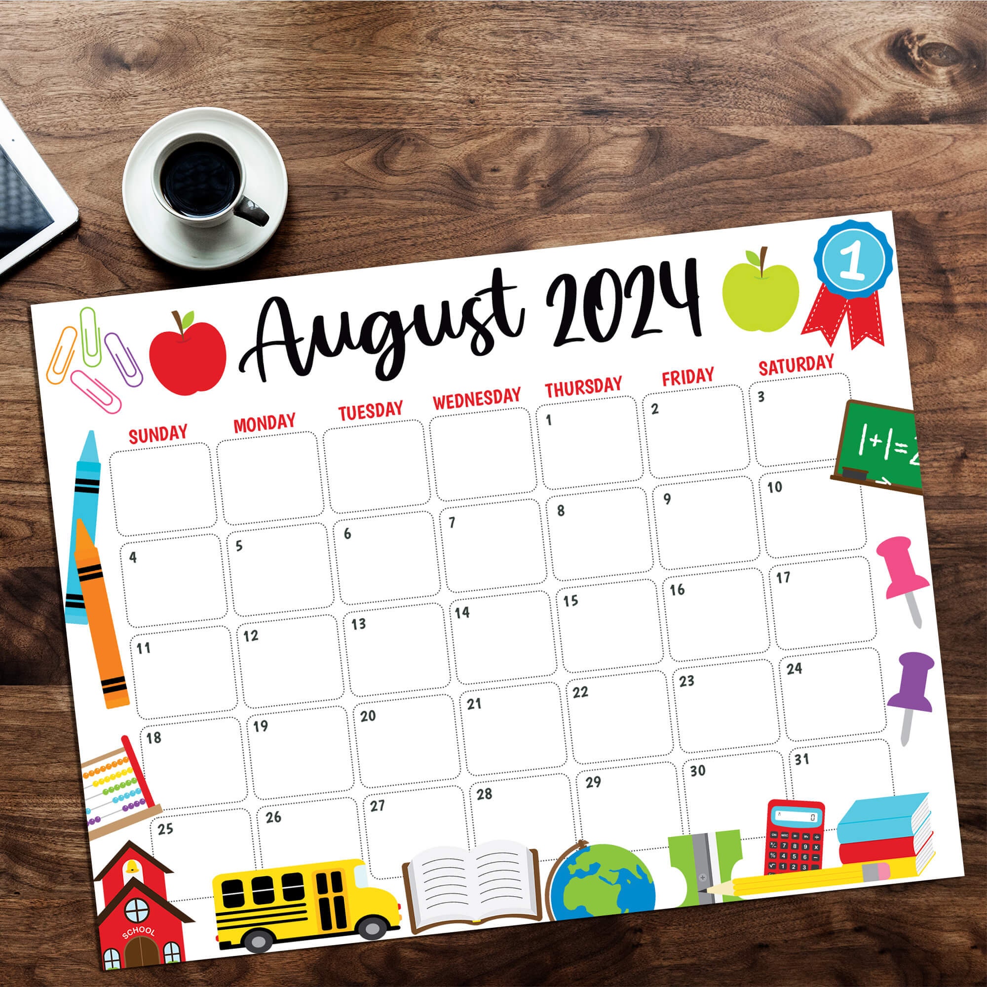 August 2024 Back to School Calendar, Printable Back to School Themed ...