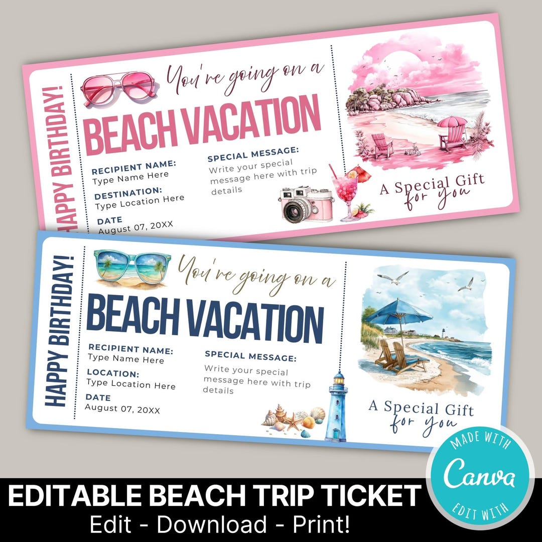 Editable Beach Trip Gift Ticket Template | Beach Vacation Trip Coupon ...