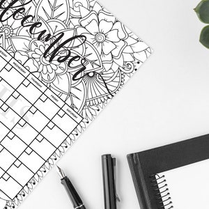 12 Month Coloring Calendar Floral Pattern Black Lettering, Printable ...