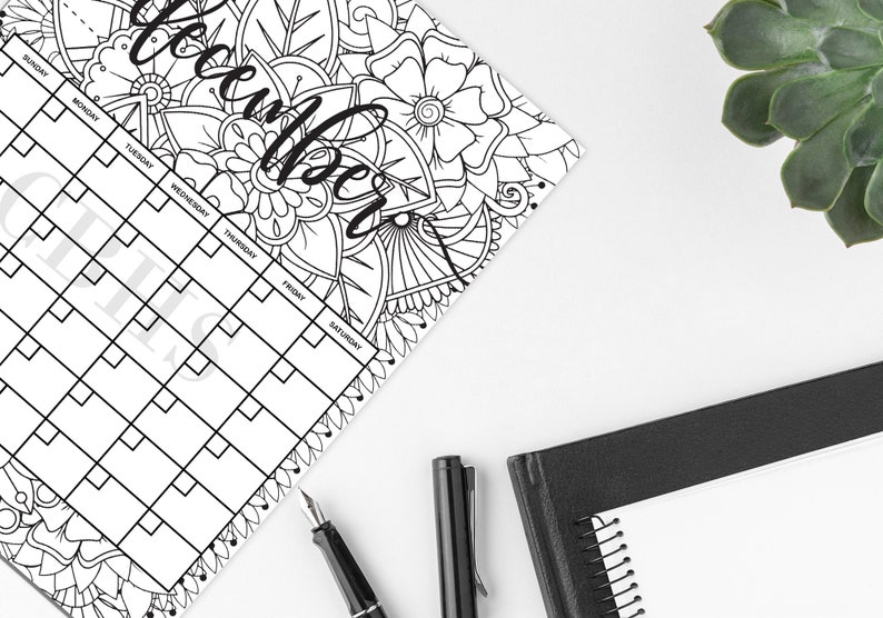 12 Month Coloring Calendar Floral Pattern Black Lettering, Printable ...