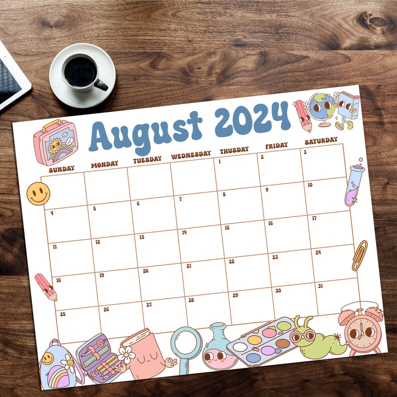 PDF Back to School Retro Vibe August 2024 Calendar, Printable Classic ...