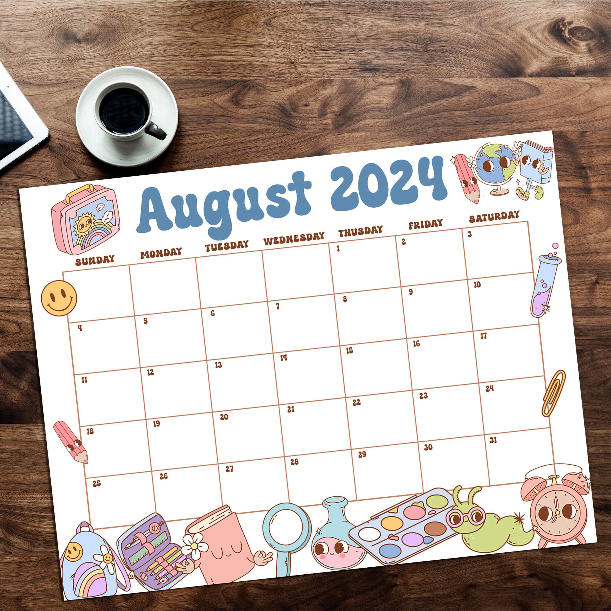 PDF Back to School Retro Vibe August 2024 Calendar, Printable Classic ...