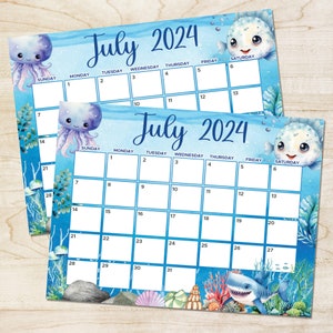 Printable Under the Sea Month of July Calendar, Summer Underwater ...