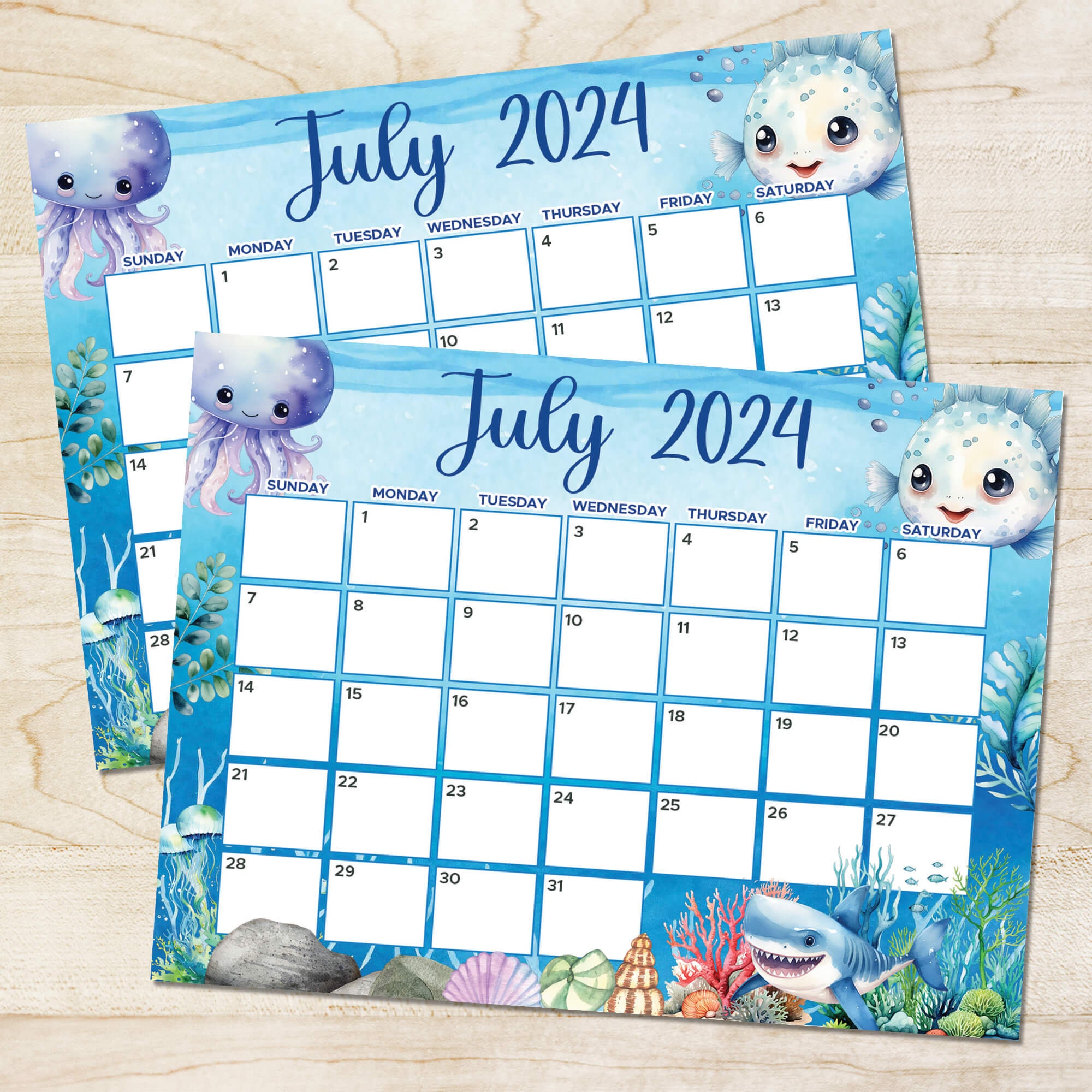 Printable Under the Sea Month of July Calendar, Summer Underwater ...