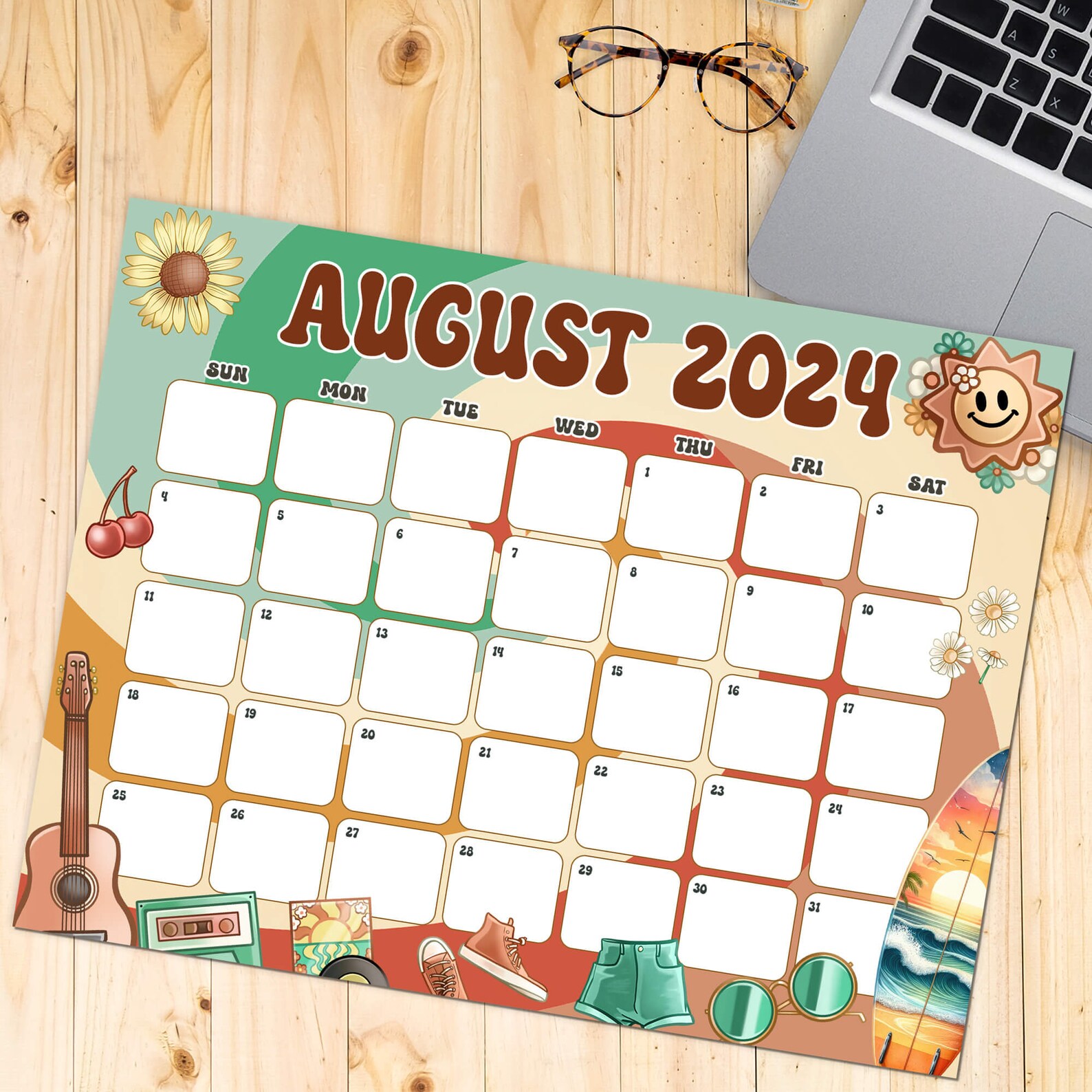Printable Retro Nostalgic Summer Theme August 2024 Calendar, Printable ...