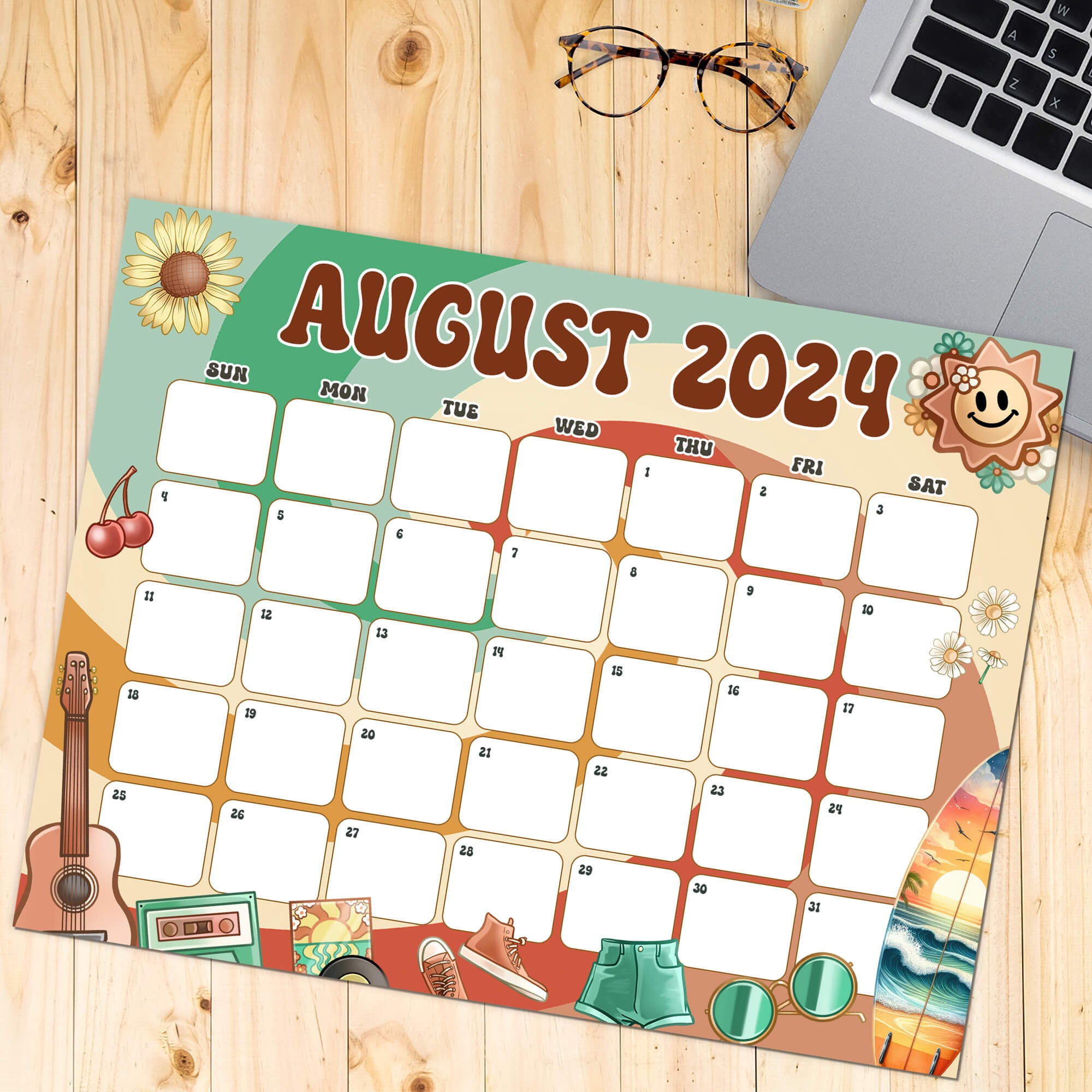Printable Retro Nostalgic Summer Theme August 2024 Calendar, Printable ...