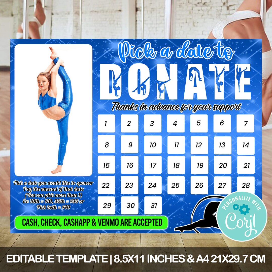 Editable Gymnastics Fundraising Calendar, Gymnast Pick a Date to Donate ...