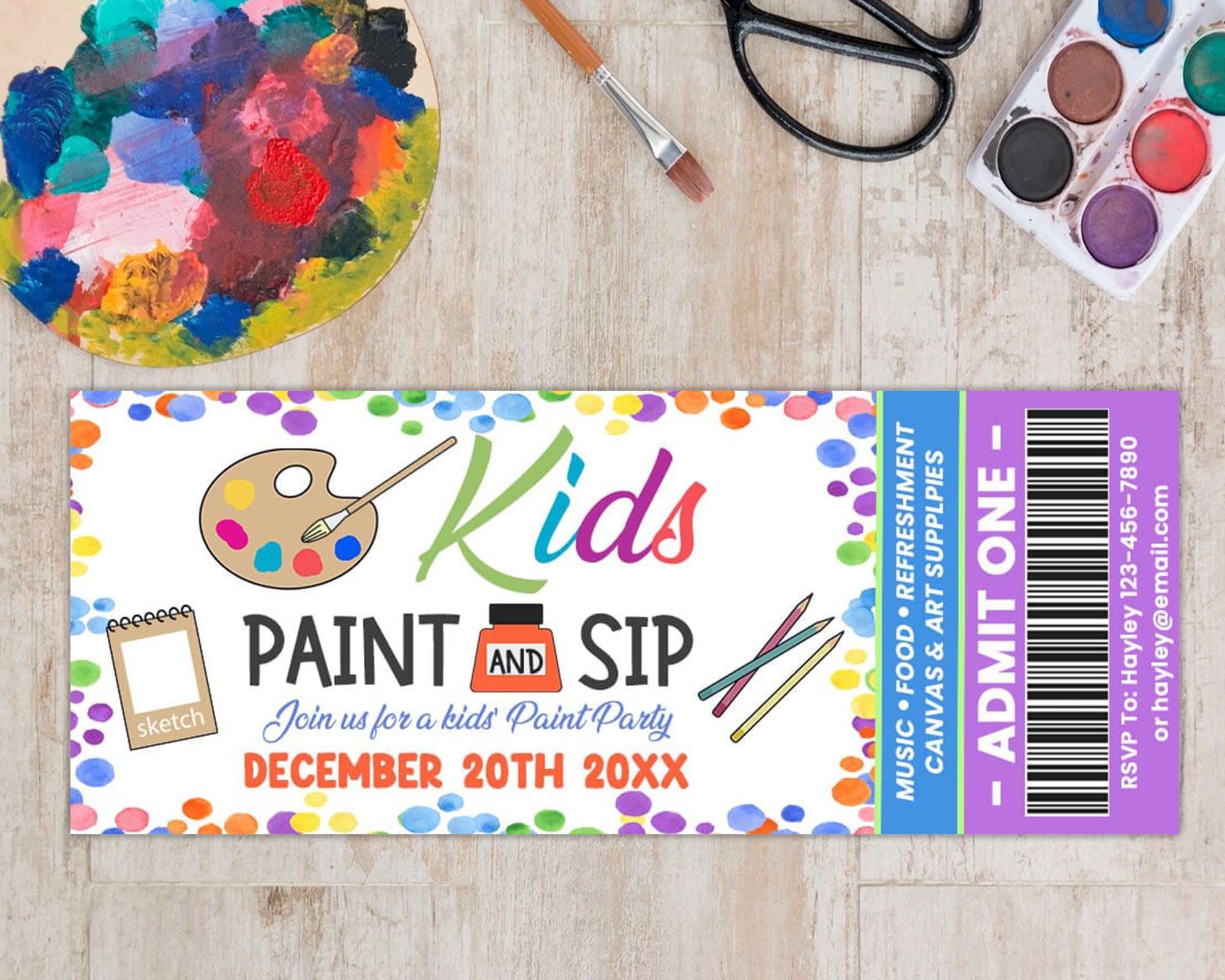 Kids Sip and Paint Ticket Template | Event Ticket | Paint and Sip ...