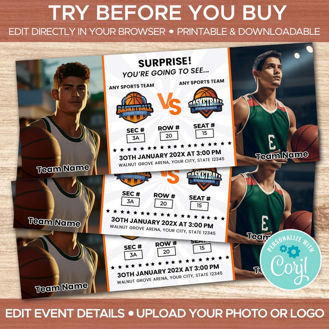 Editable Basketball Game Sports Ticket | Surprise Basketball Game ...