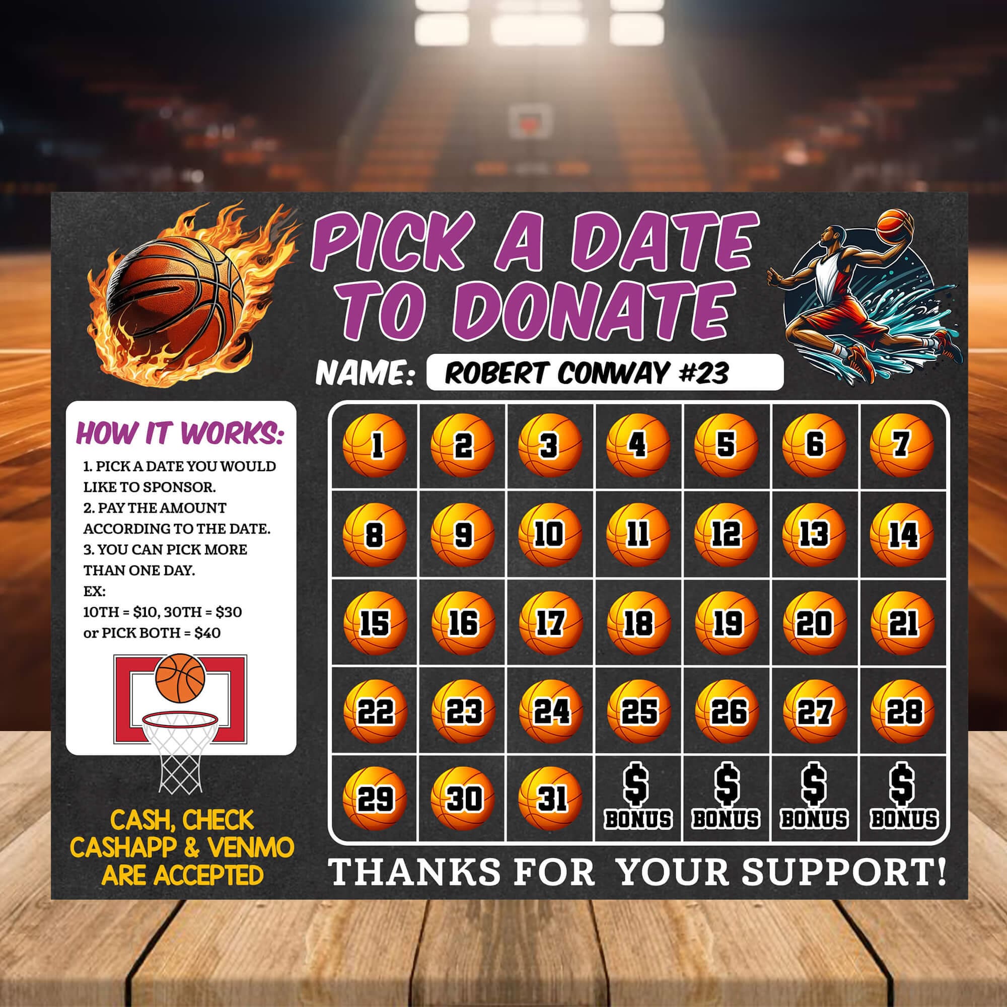 Basketball Fundraiser Calendar, Editable Sports Pick a Date to Donate ...