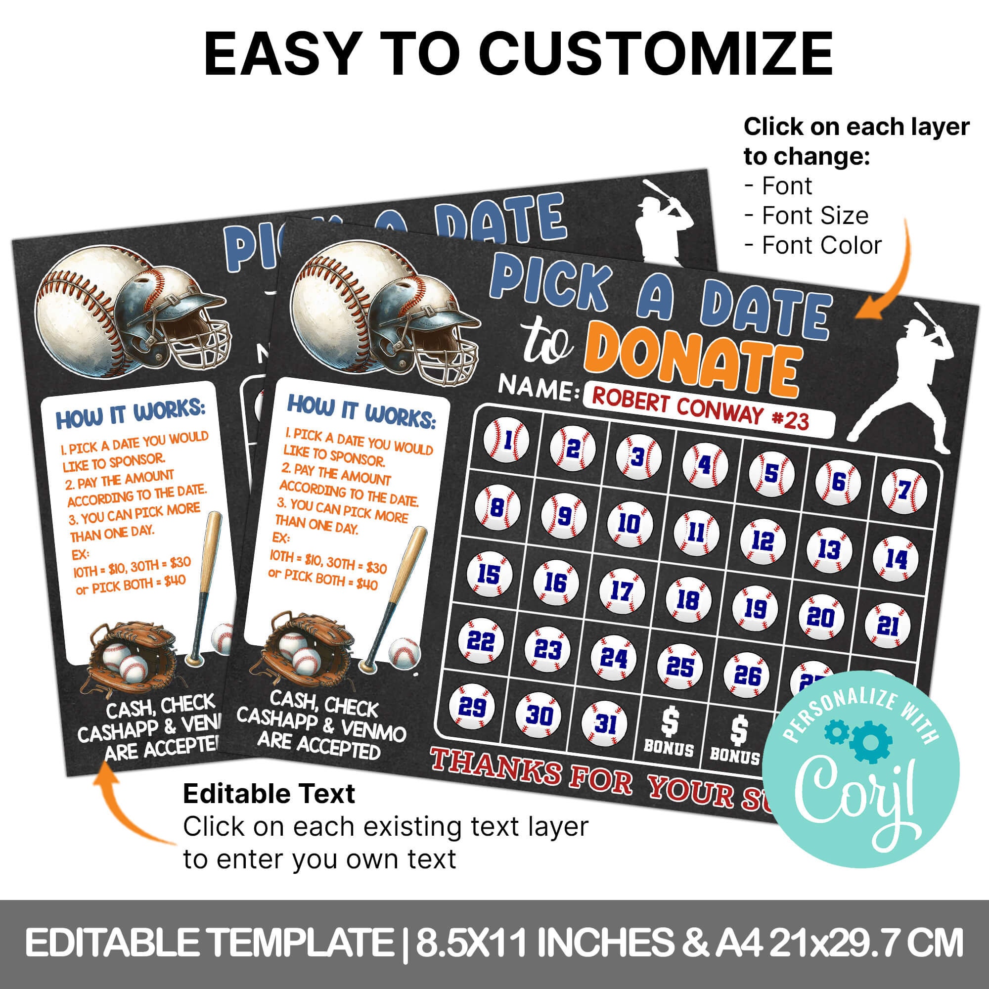 Editable Baseball Pick a Date to Donate Calendar Flyer, Pay the Date ...