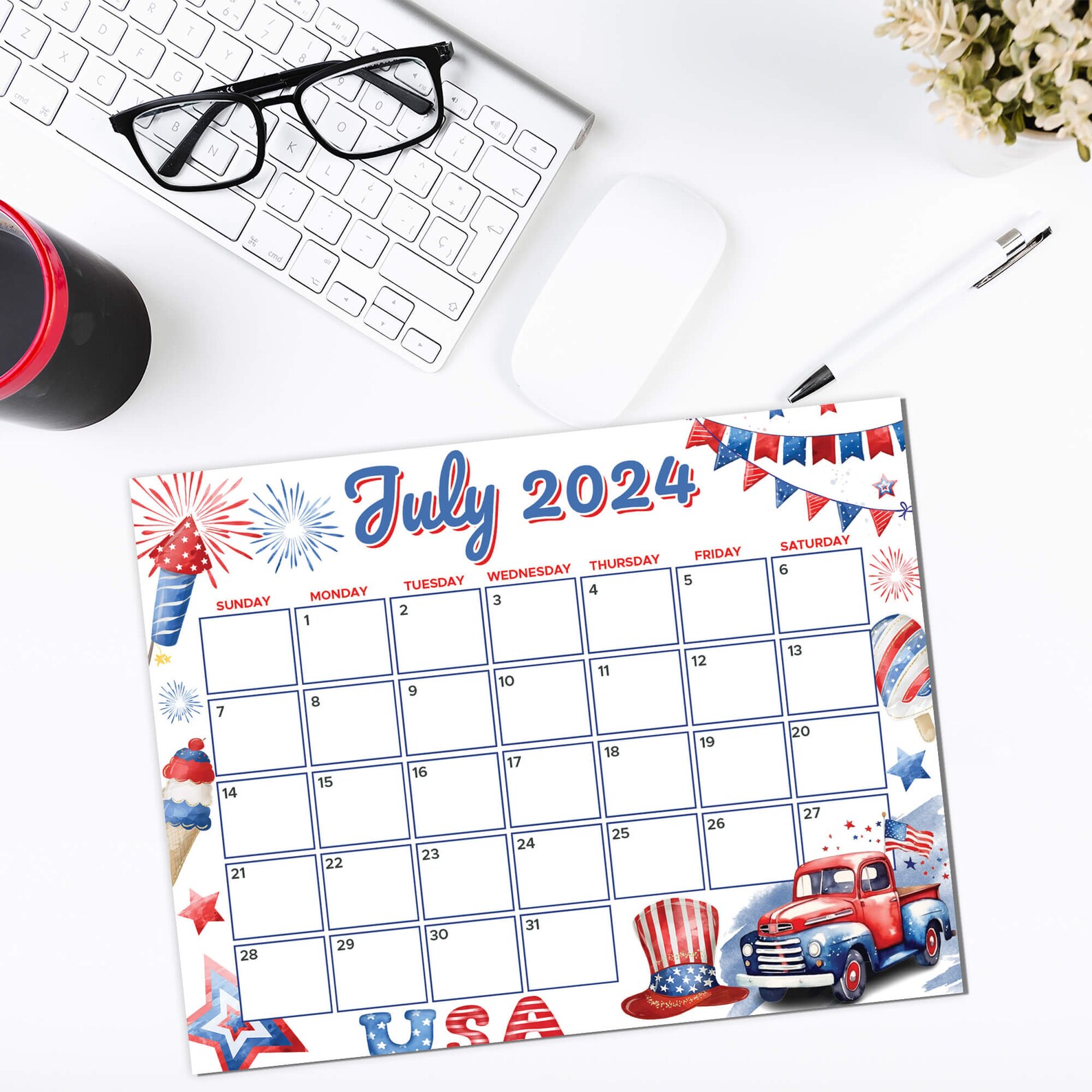 4th of July Day Calendar Planner, Printable July 2024 Calendar ...