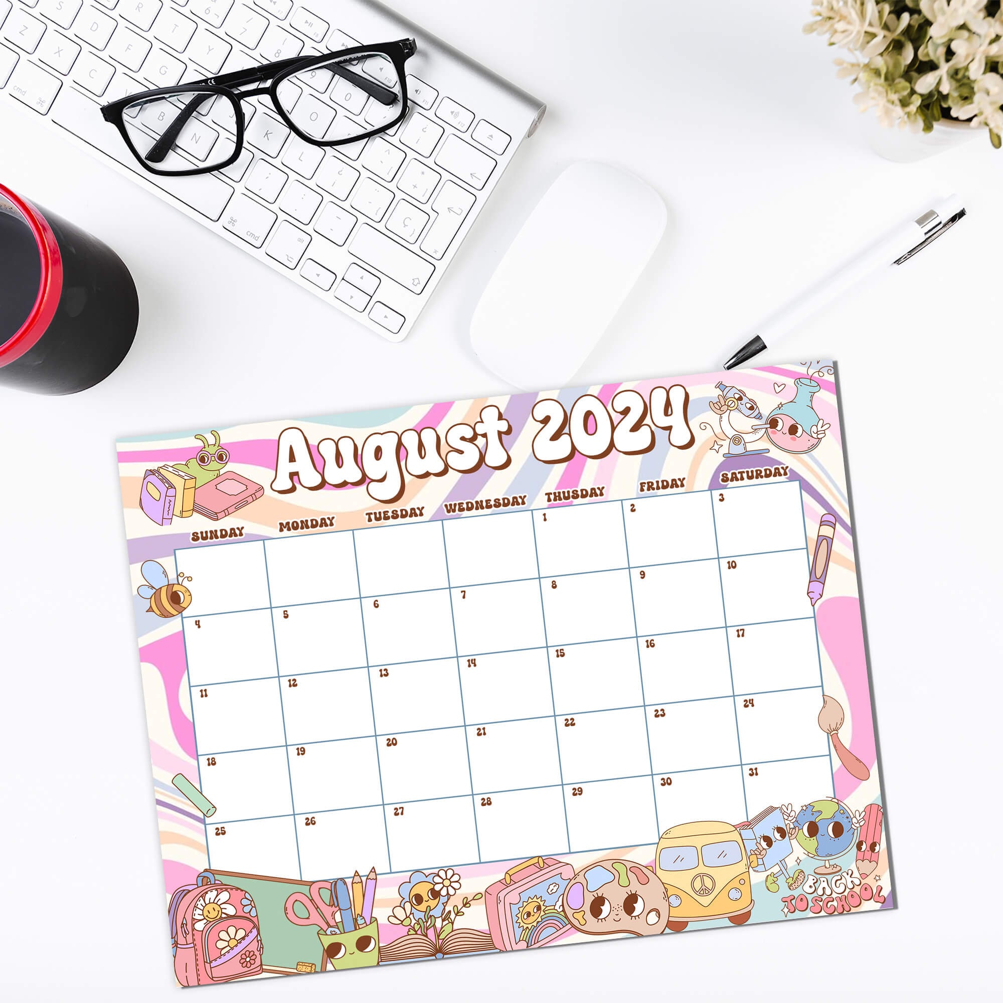 Printable Retro Vibe Back to School August 2024 Calendar, Classic ...