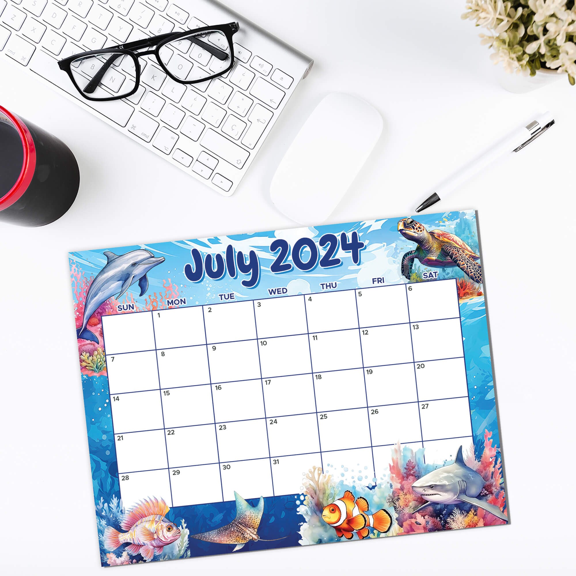 Printable Summer Underwater Themed July 2024 Calendar, Under the Sea ...