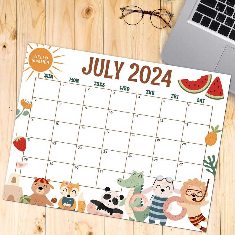 Animal Summer July 2024 Calendar, Printable Animal Themed July Calendar ...
