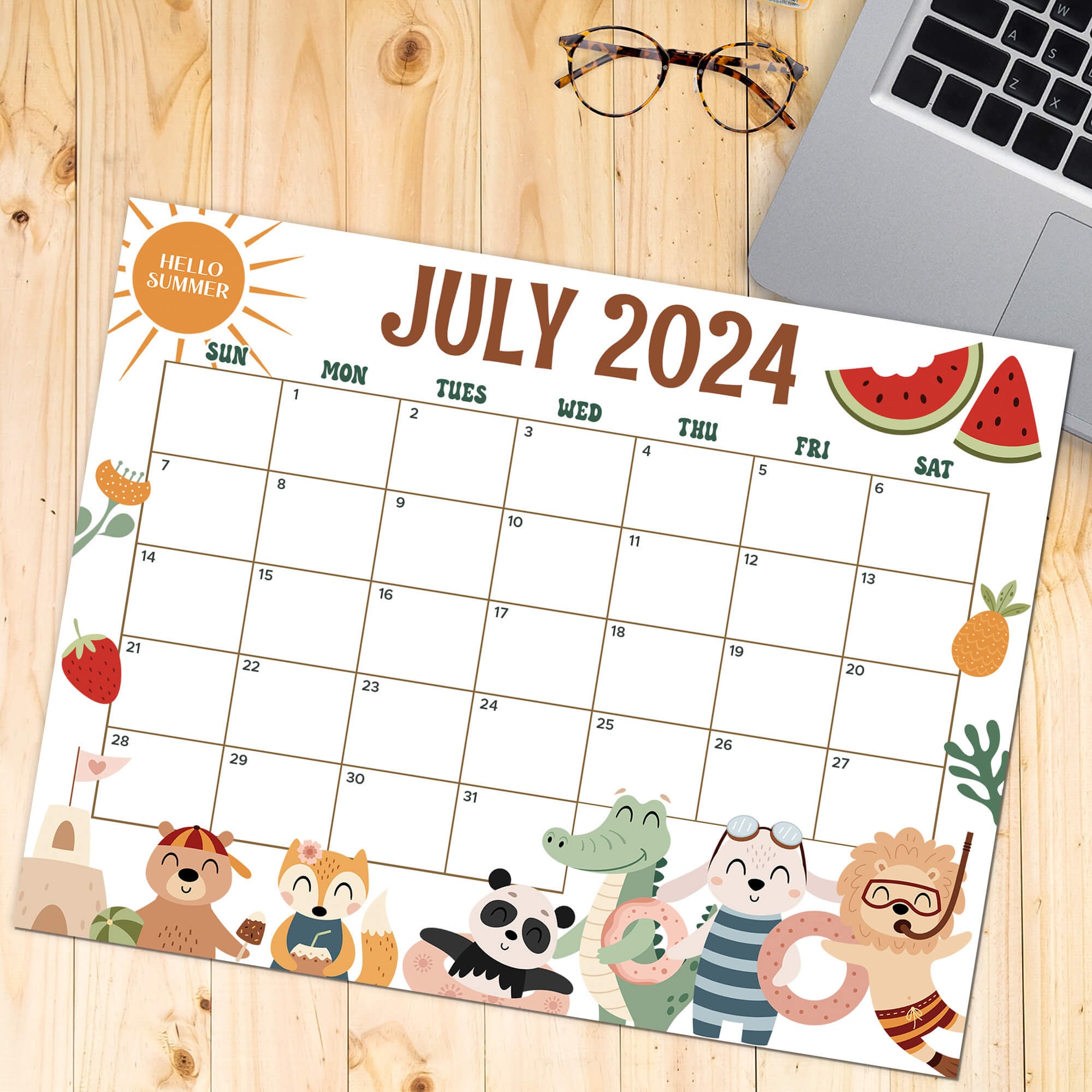 Animal Summer July 2024 Calendar, Printable Animal Themed July Calendar ...