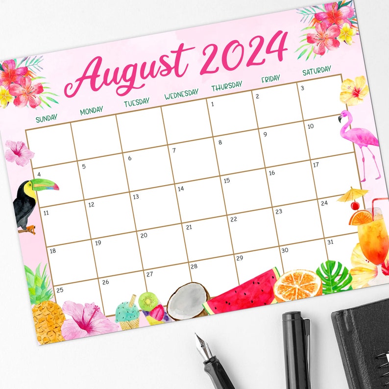 PDF Tropical Paradise August 2024 Themed Calendar, Printable Island ...