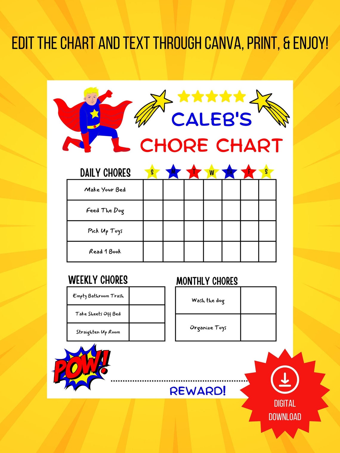 Editable SUPERHERO Chore Chart, Kid Responsibility Chart, Reward Chart ...