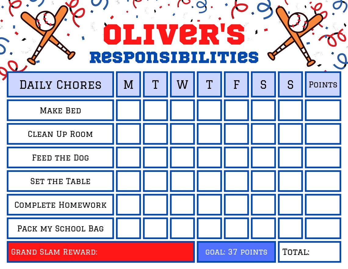 Editable Baseball Chore Chart Kid Responsibility Chart - Etsy