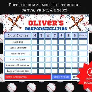 Editable Baseball Chore Chart, Kid Responsibility Chart, Reward Chart ...
