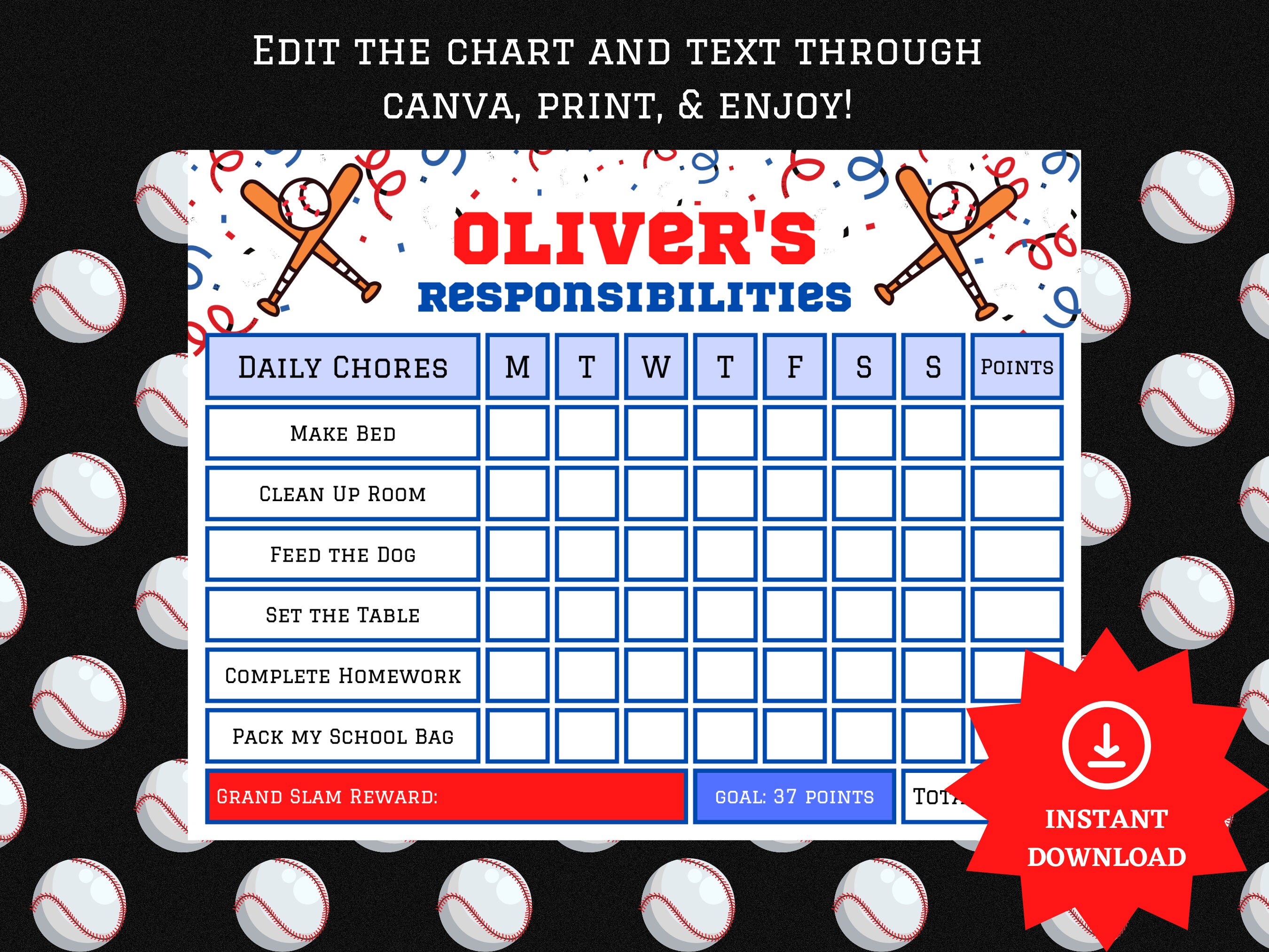 Editable Baseball Chore Chart, Kid Responsibility Chart, Reward Chart ...