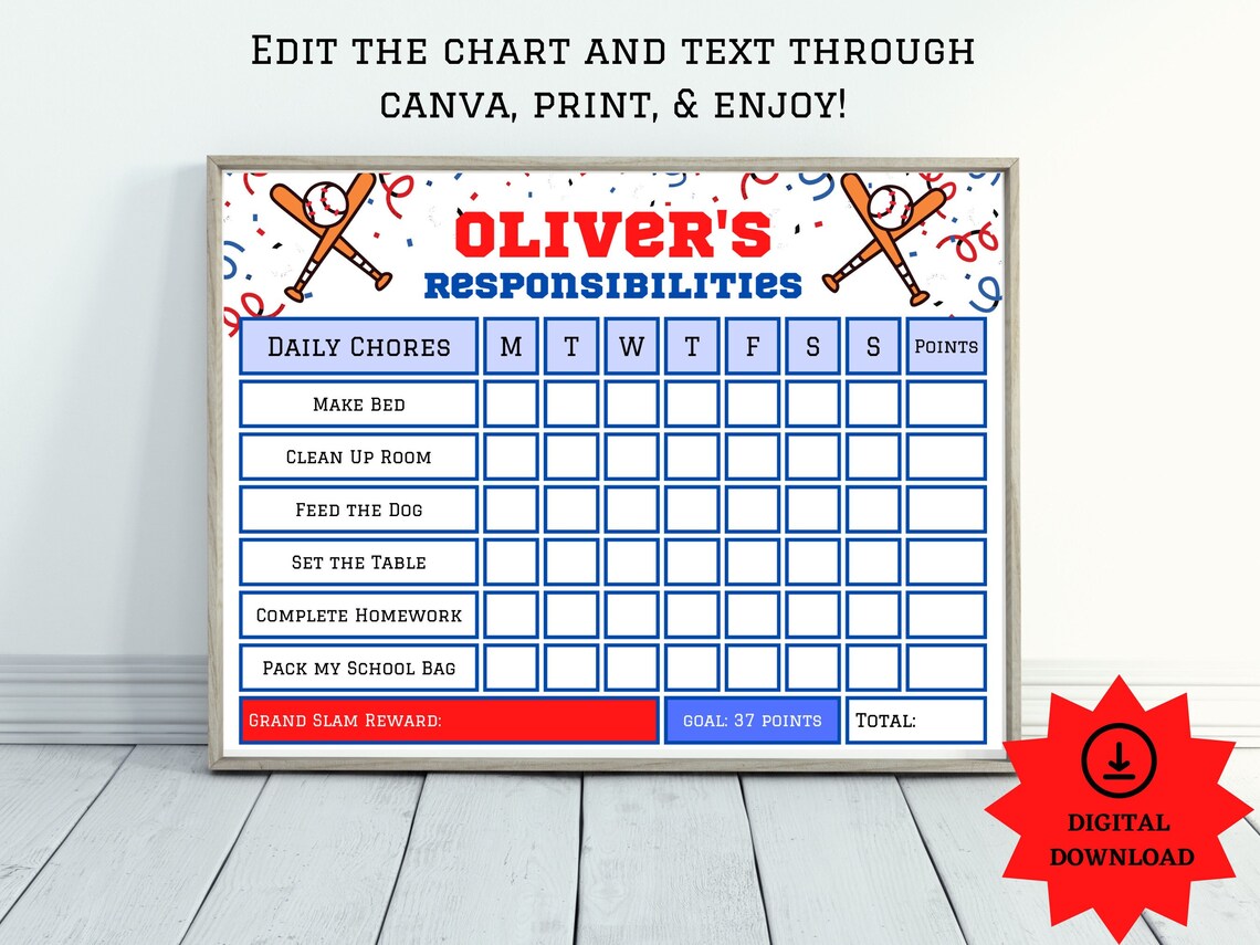 Editable Baseball Chore Chart Kid Responsibility Chart - Etsy