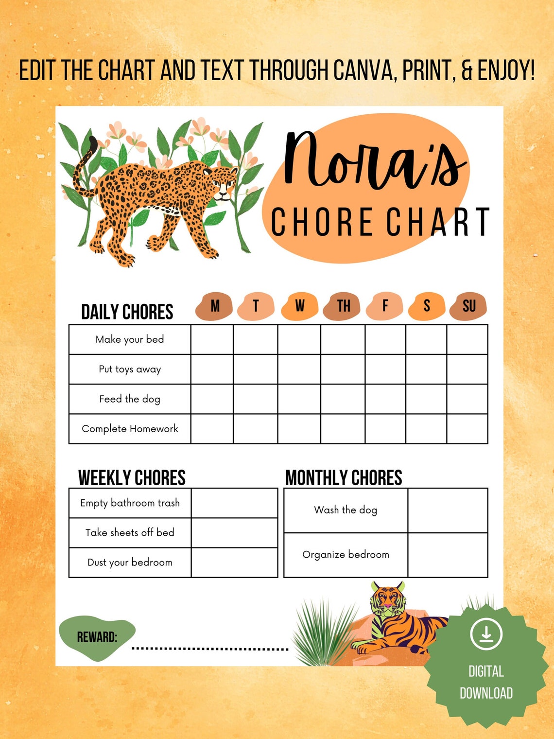 Editable Jungle Chore Chart, Kid Responsibility Chart, Reward Chart ...