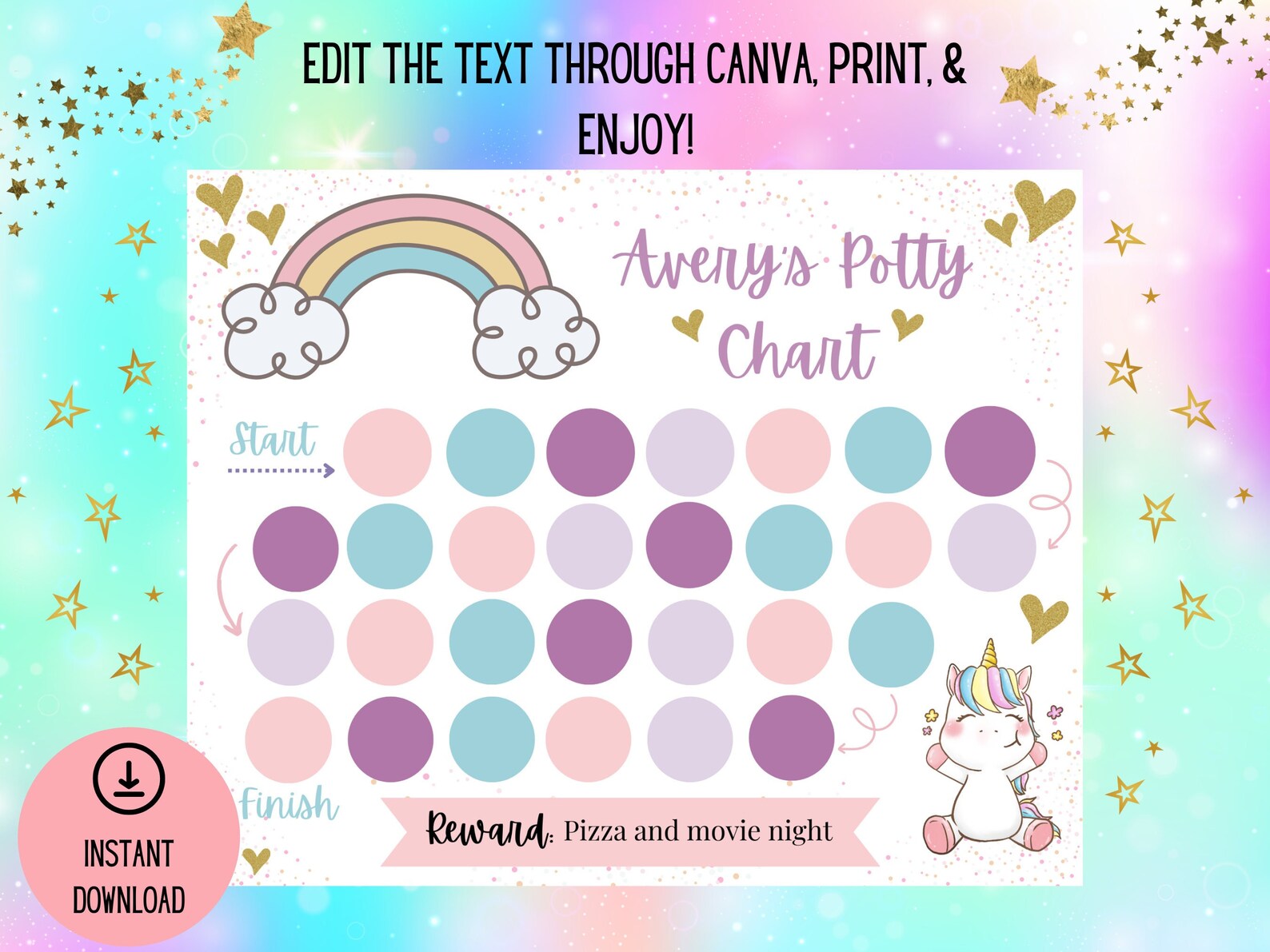 Editable Unicorn Potty Training Chart, Potty Training, Sticker Chart ...