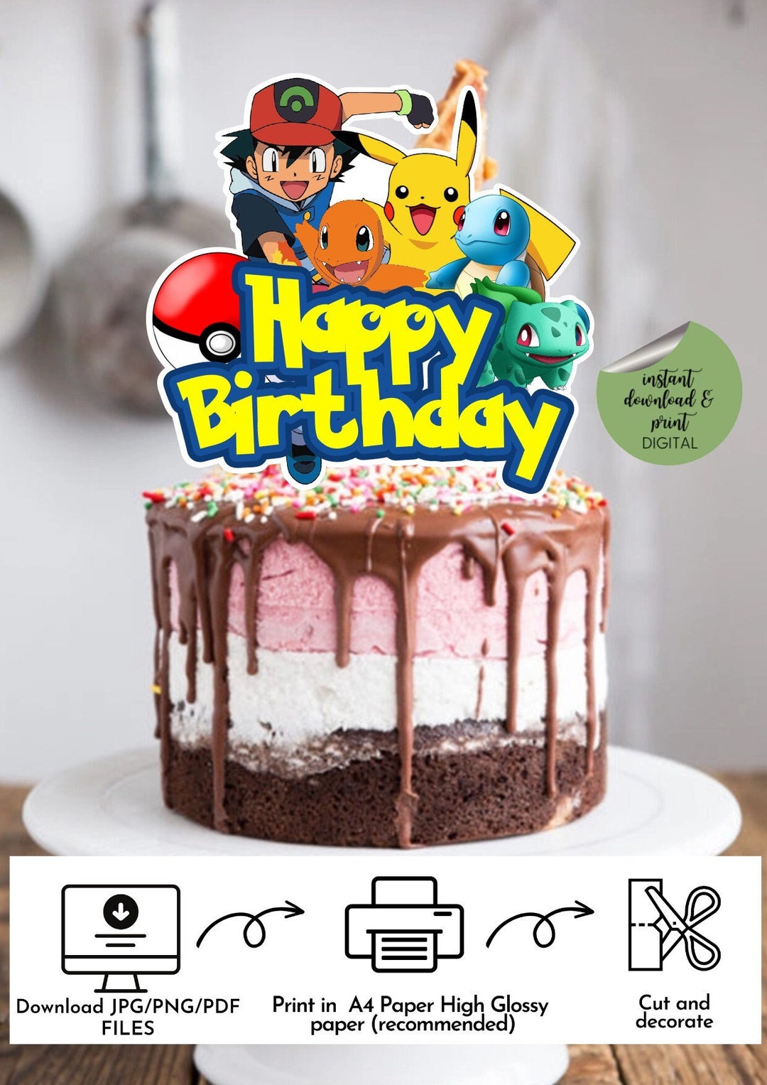 Print and Cut Pokemon Cake Topper and 12 Cake Topper INSTANT DOWNLOAD ...