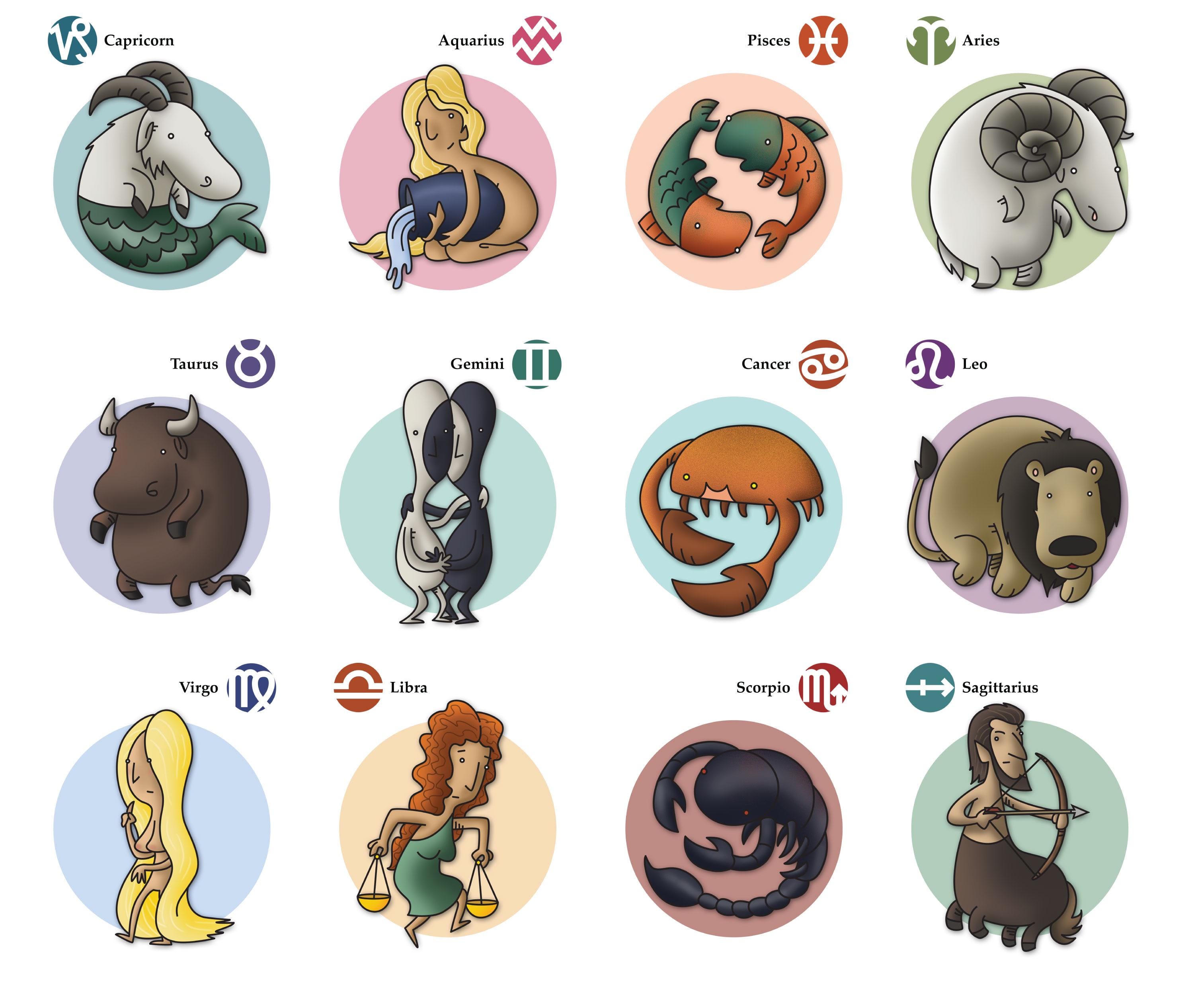 Quirky Cartoon Zodiac Signs – All 12 Illustrated Star Signs! Whimsical ...