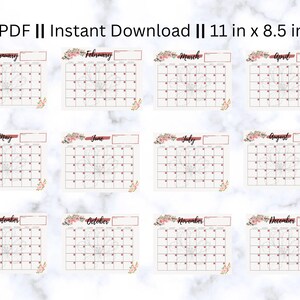 Printable Blank Monthly Calendar, January to December, PDF Instant ...