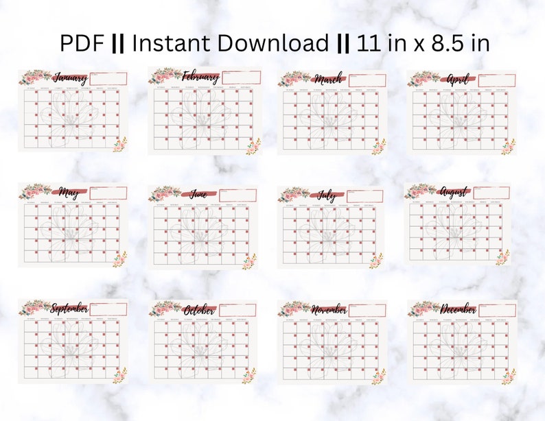 Printable Blank Monthly Calendar, January to December, PDF Instant ...