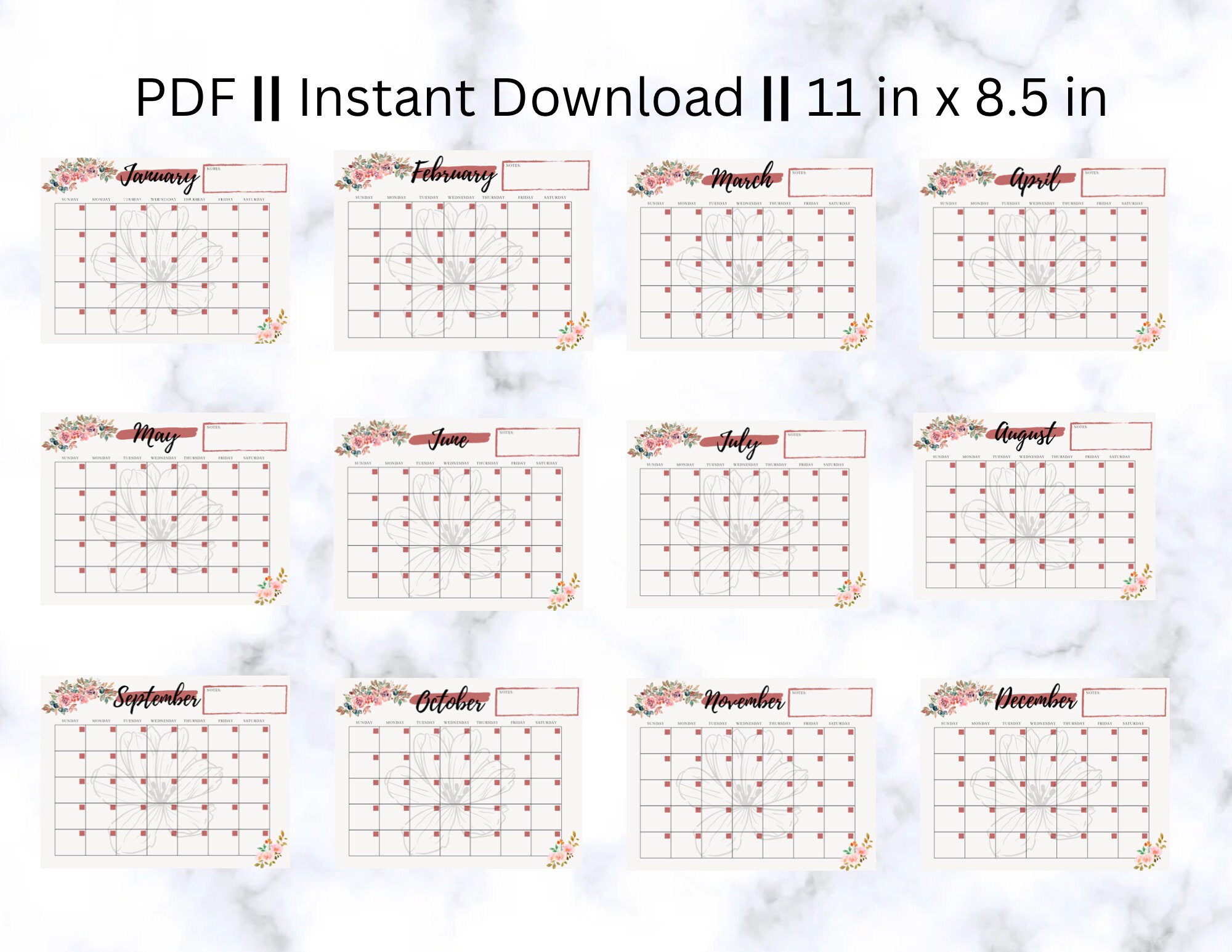 Printable Blank Monthly Calendar, January to December, PDF Instant ...