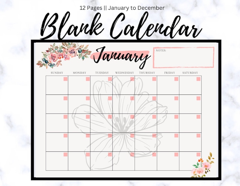 Printable Blank Monthly Calendar, January to December, PDF Instant ...