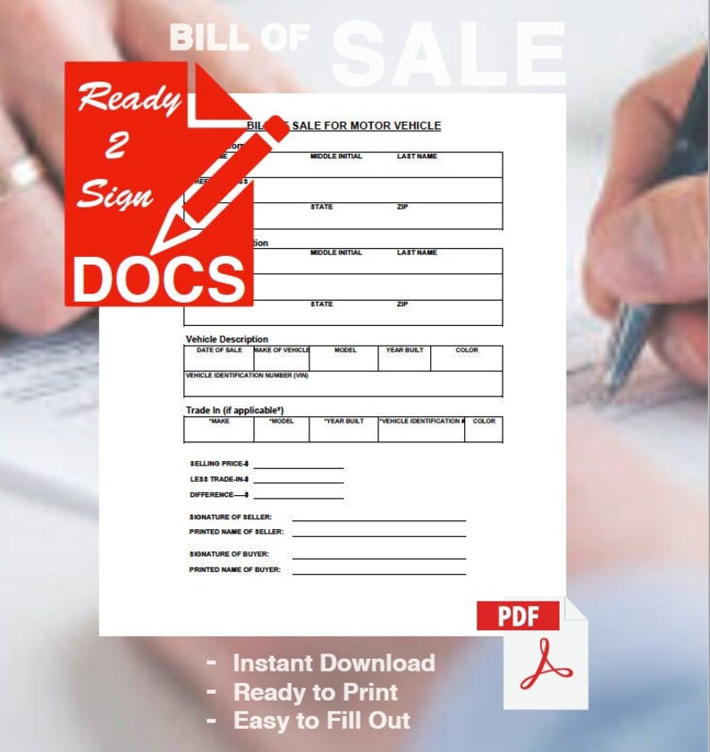 Bill of Sale - DMV Ready to Print, Ready to Sign, Easy to Fill Out (1 ...