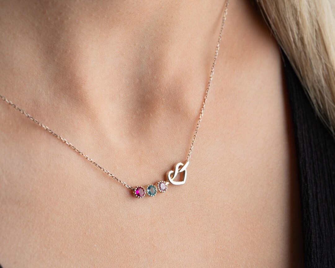 Family Birthstone Necklace With Heart Shaped Knot • Gold Gemstone ...