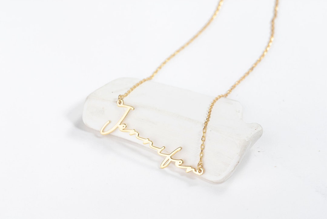Handmade 14K Solid Gold Dainty Signature Name Necklace Cursive ...