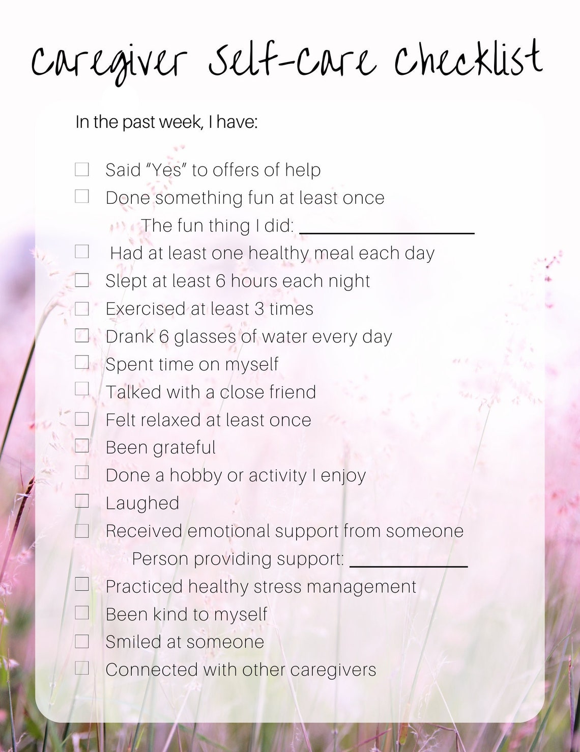 Self Care Checklist for Caregivers weekly Downloadable, Printable, Self ...