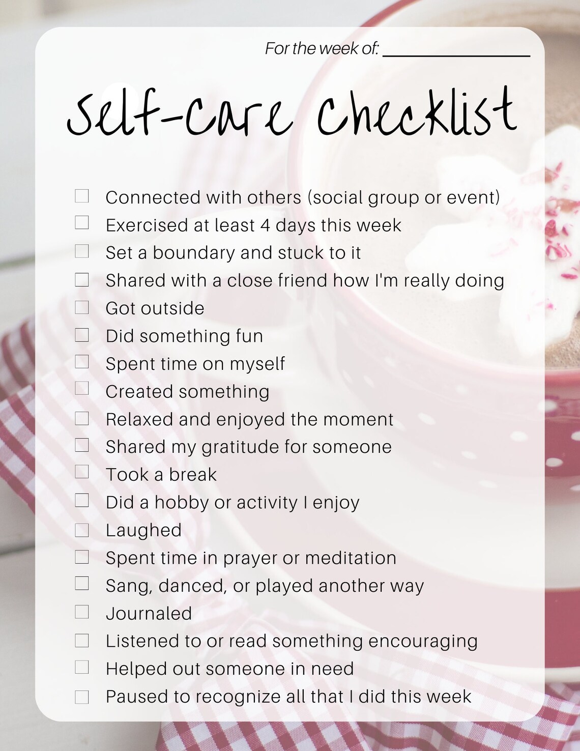 Self Care Checklist for Anyone (weekly) Downloadable, Printable, Self ...