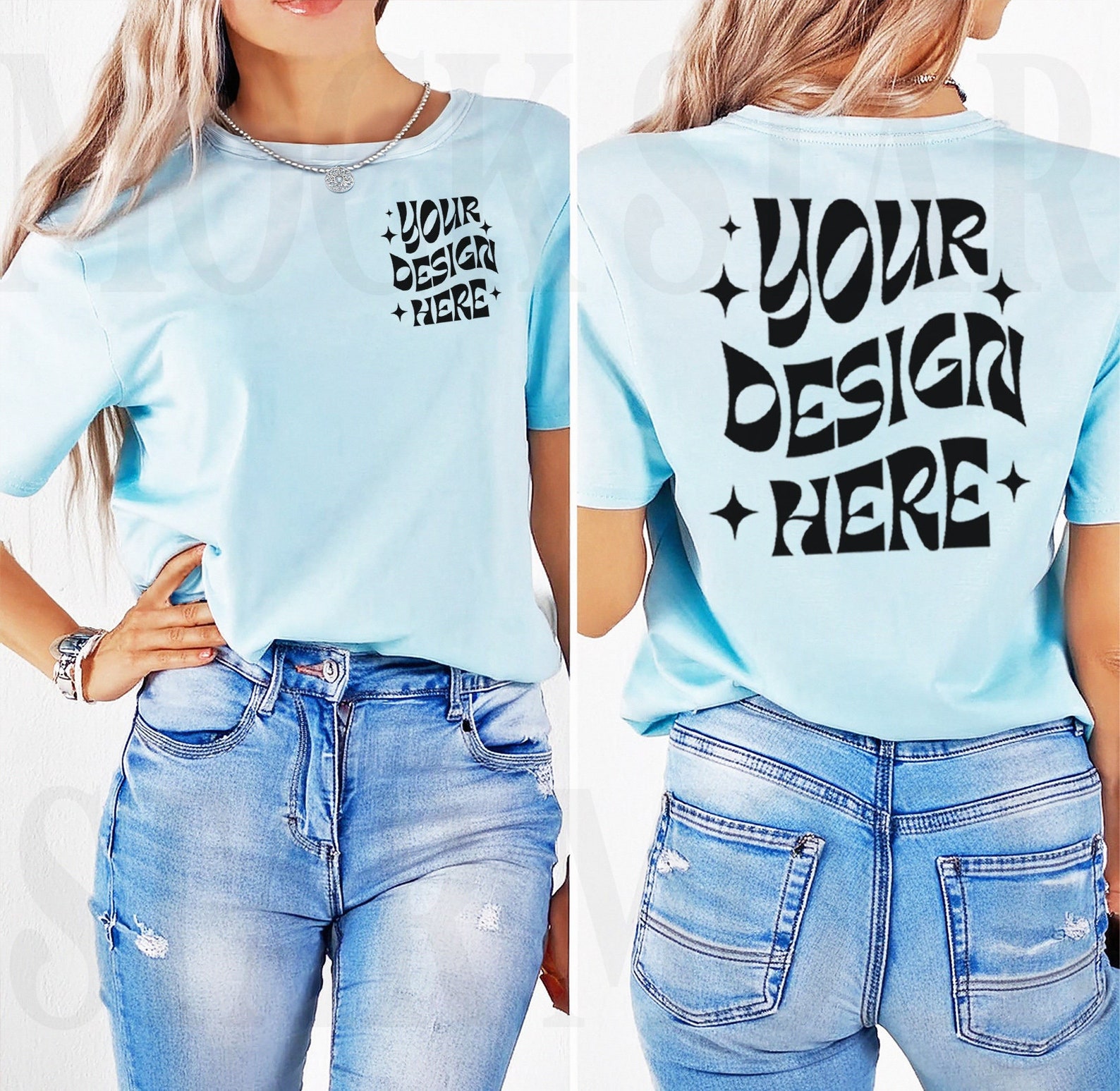 Bella Canvas 3001 Heather Ice Blue Tshirt Back and Front Mockup | 3001 ...