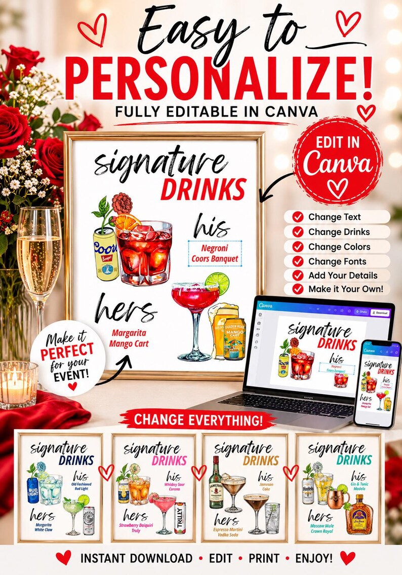 Signature Drinks Sign Template | Editable Canva Wedding Sign | His ...