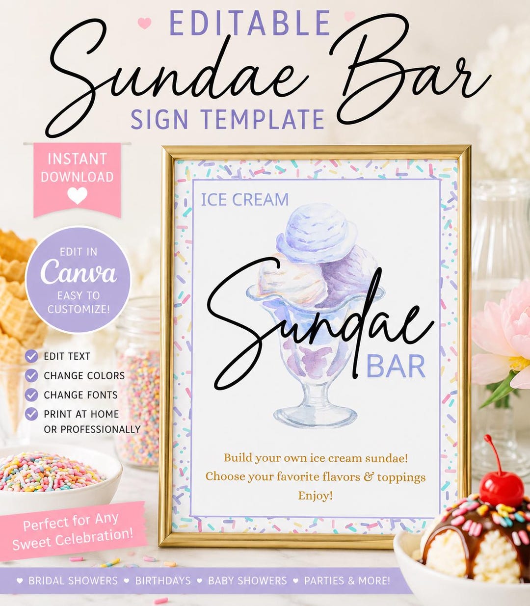 Editable Sundae Bar Sign Template | Watercolor Ice Cream Dessert Bar ...