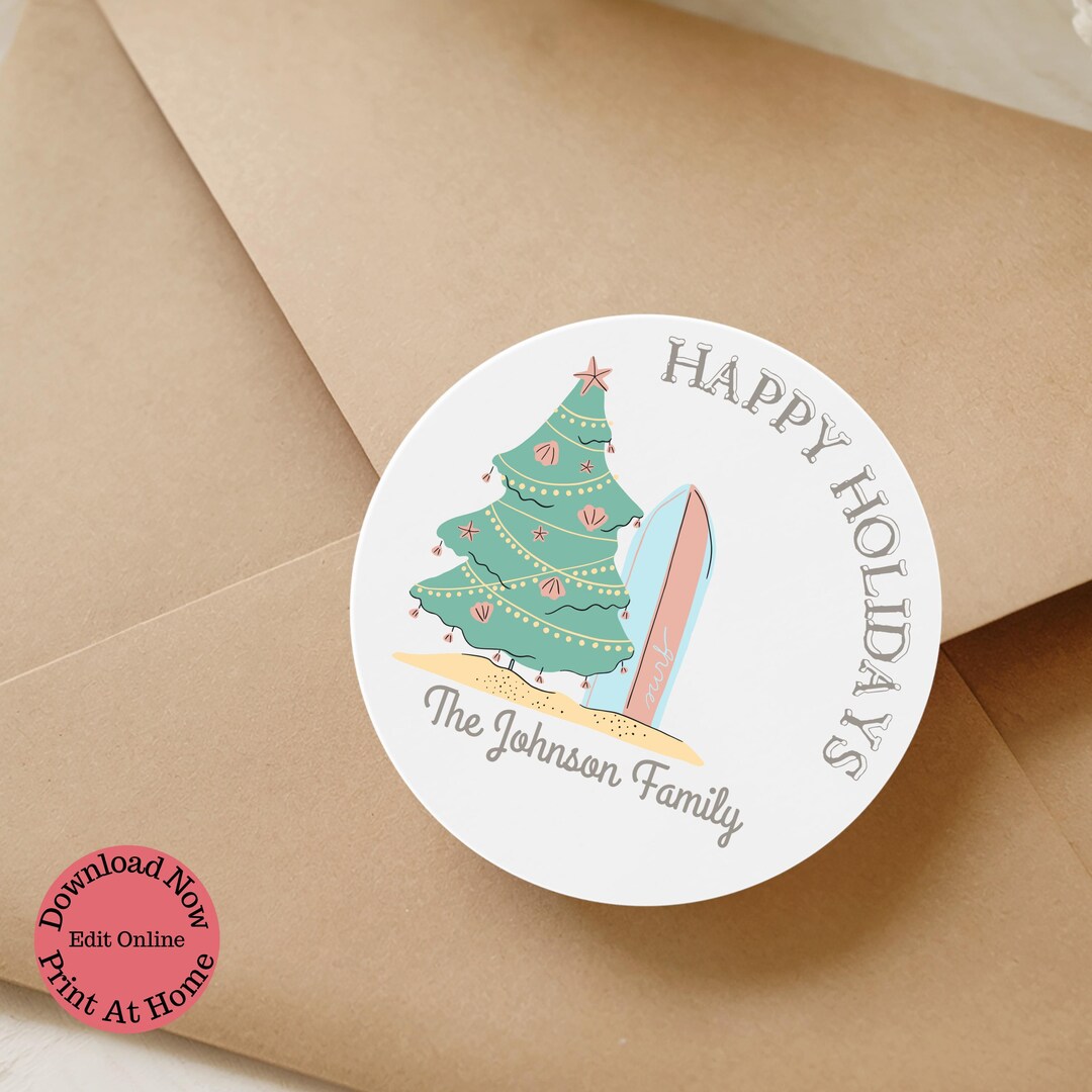 Beach Christmas Gift Tags, Printable Coastal Holiday Stickers, Editable ...