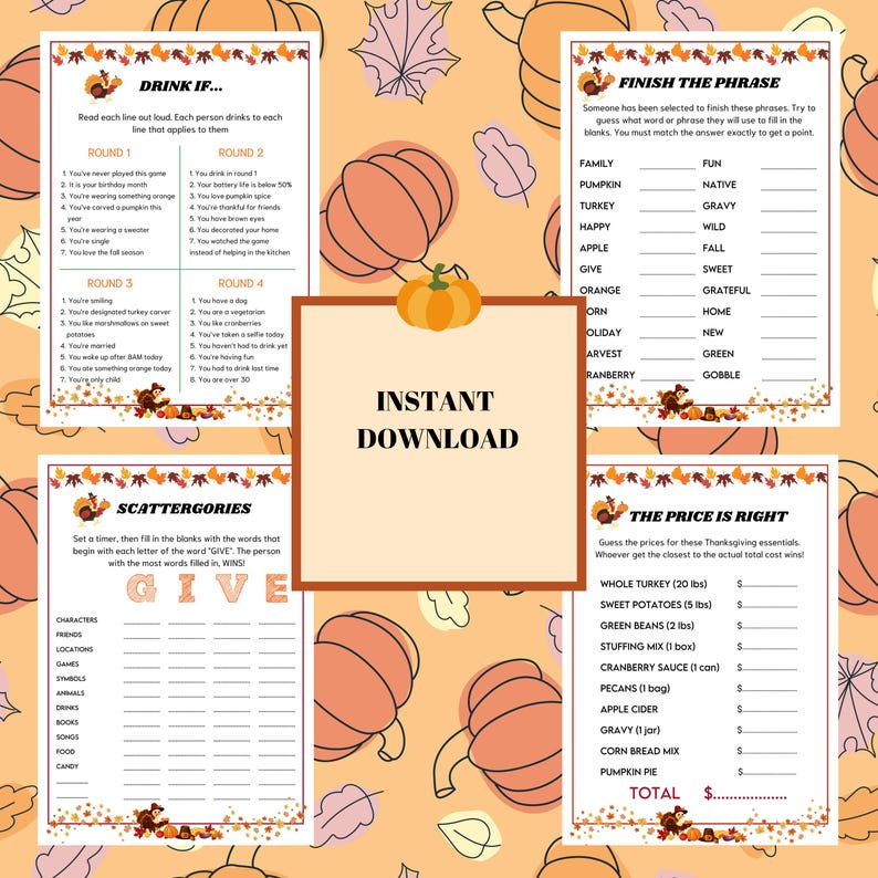 Thanksgiving Party Games Bundle: Printable Fall Activities, Digital ...
