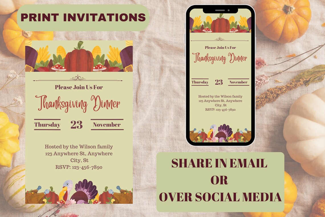 Editable Thanksgiving Invitation Digital Download FREE Matching Place ...