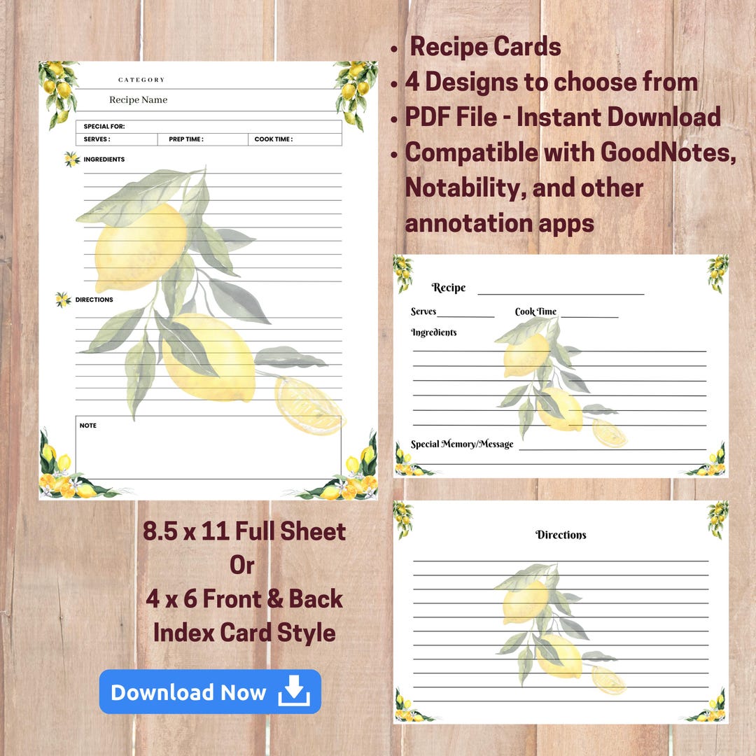 Lemon Recipe Cards Printable, Citrus Kitchen Decor PDF, 8.5x11 & 6x4 ...