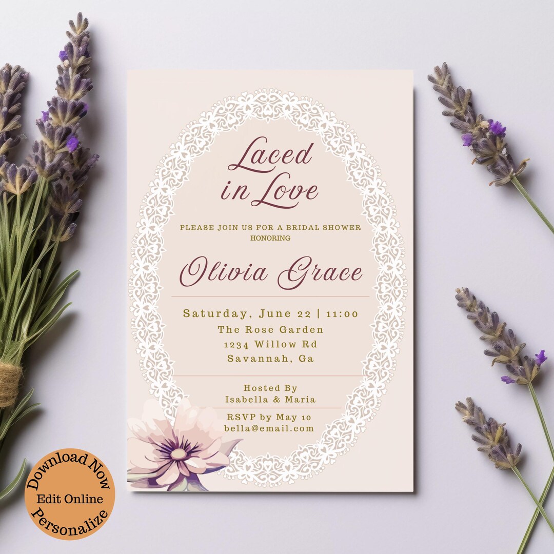 Laced in Love Bridal Shower Invitation, Vintage Floral Invite Template ...