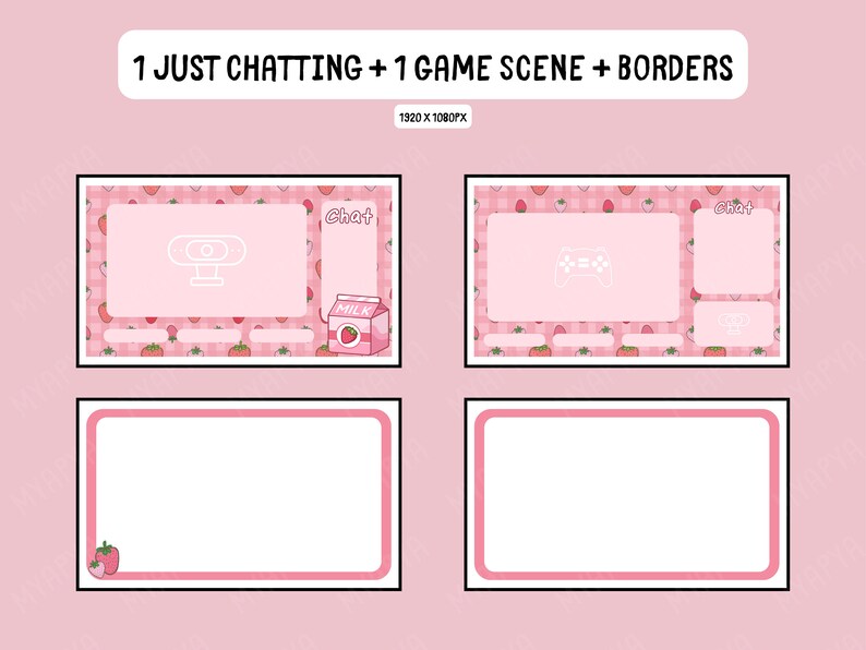 Strawberry Milk Animated Twitch Scene Overlay Package, Aesthetic Setup ...