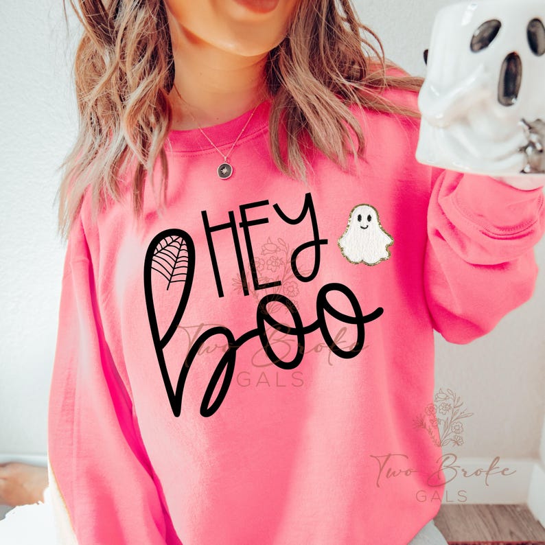 Hey Boo! Chenille Ghost Patch Neon Pink Sweatshirt | Halloween Crewneck ...